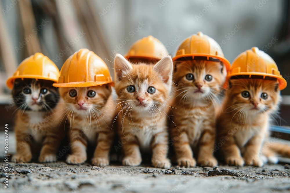 Endearingly, four kittens sit in a row wearing orange construction ...
