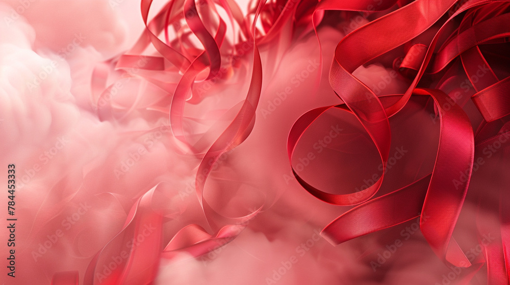 Cardinal red ribbons flow in 3D against a pink fog, a dance of elegance ...