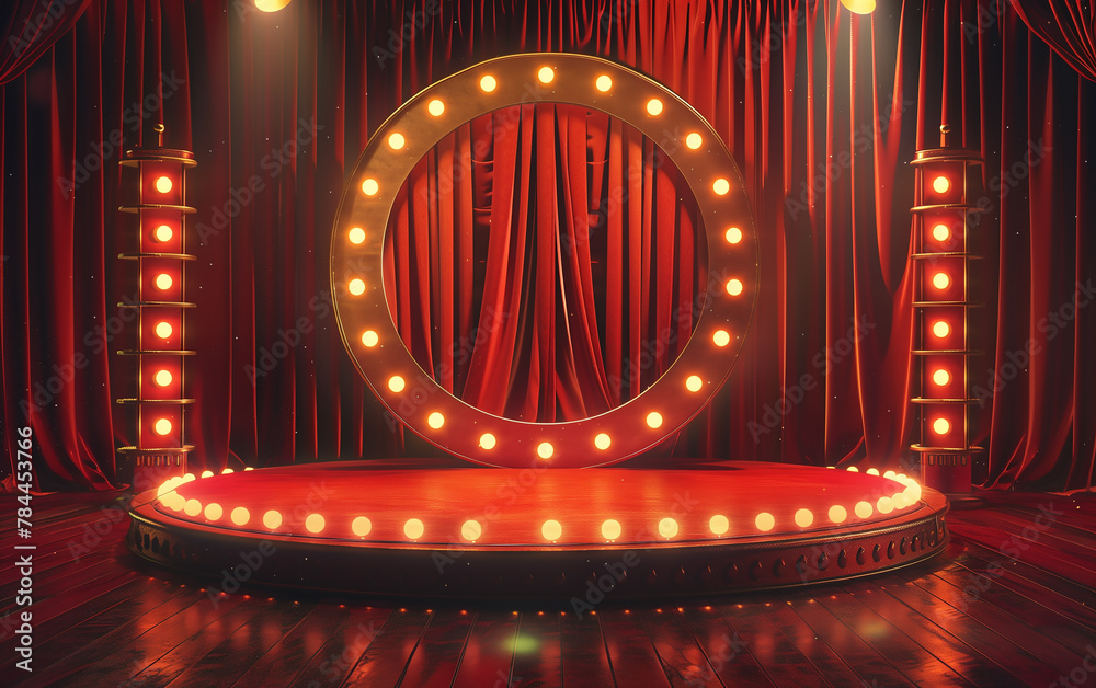 Circus stage podium background with carnival light and red show curtain ...
