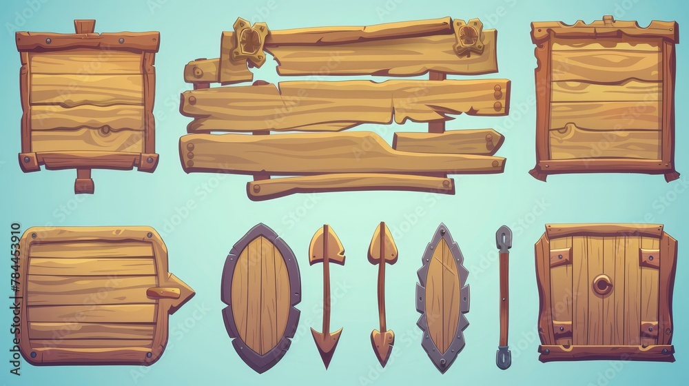 The wood signboard for game UI design. Cartoon illustration with arrow ...