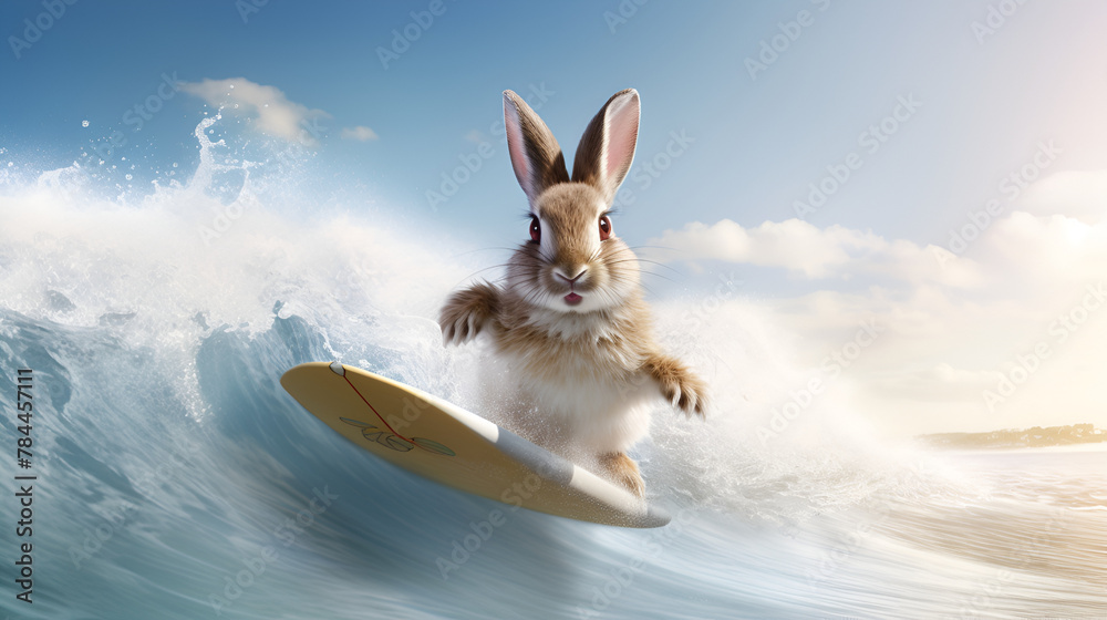 Adorable cute bunny,A white rabbit in the middle of river scating in ...