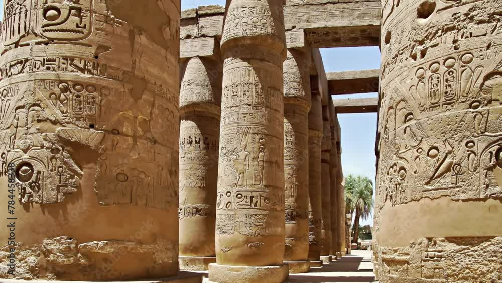 Hieroglyphs and ancient symbols on the columns of the Temple of Karnak ...