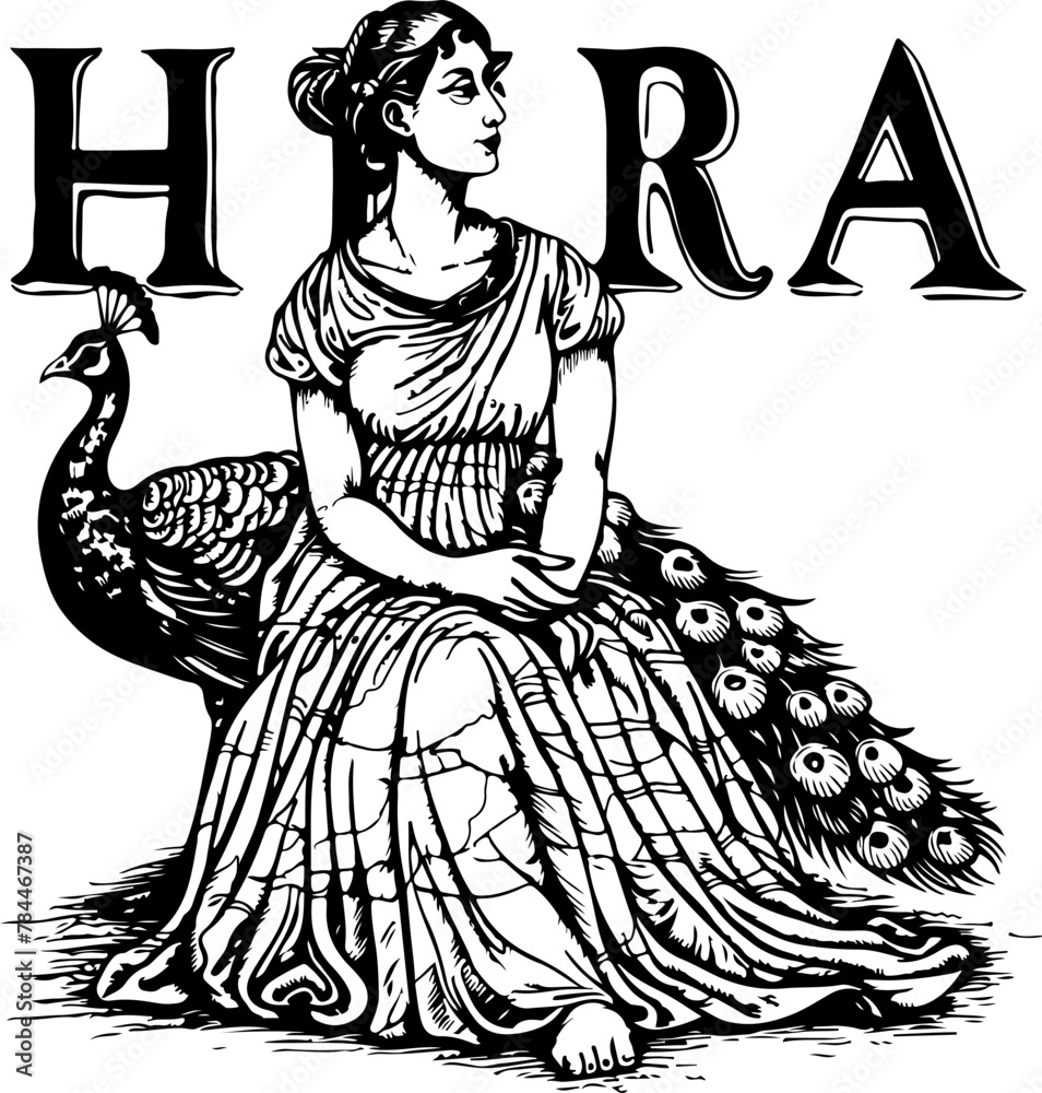 Hera, the goddess of marriage, is depicted with a peacock, her sacred animal, in this classic ...