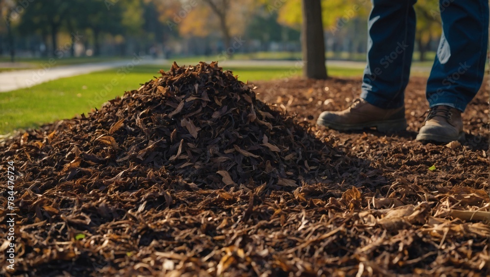 Groundskeeper spreading mulch around trees in a park for moisture ...