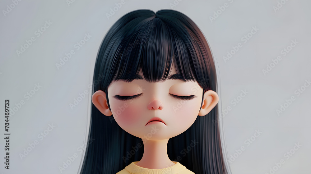 Sad upset disappointed depressed Asian cartoon character girl young ...