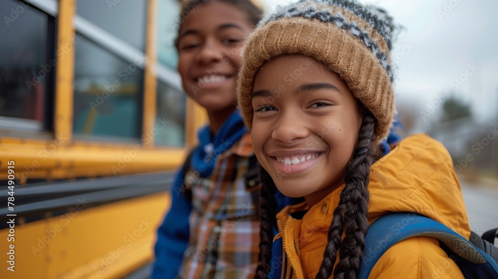Smiling elementary student african american girl and boy ready to board ...