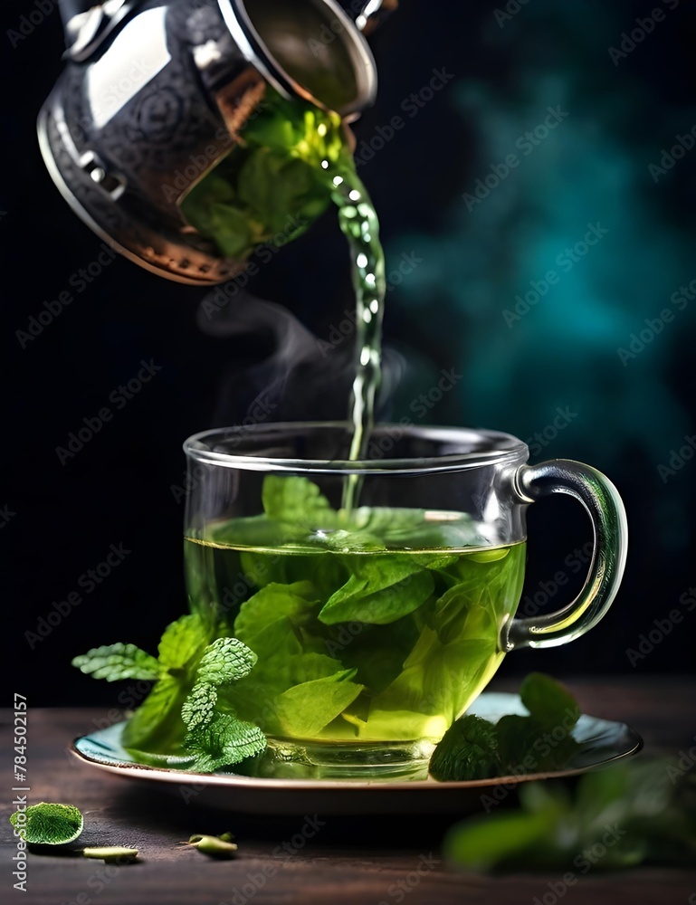 Invigorating hot Chinese green tea with mint, splash pouring, steam ...