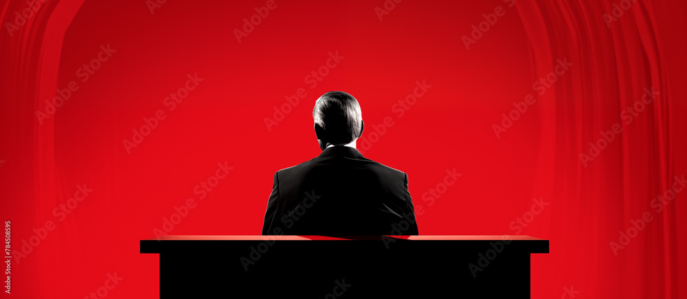 The politician stands with his back to the podium and the audience ...