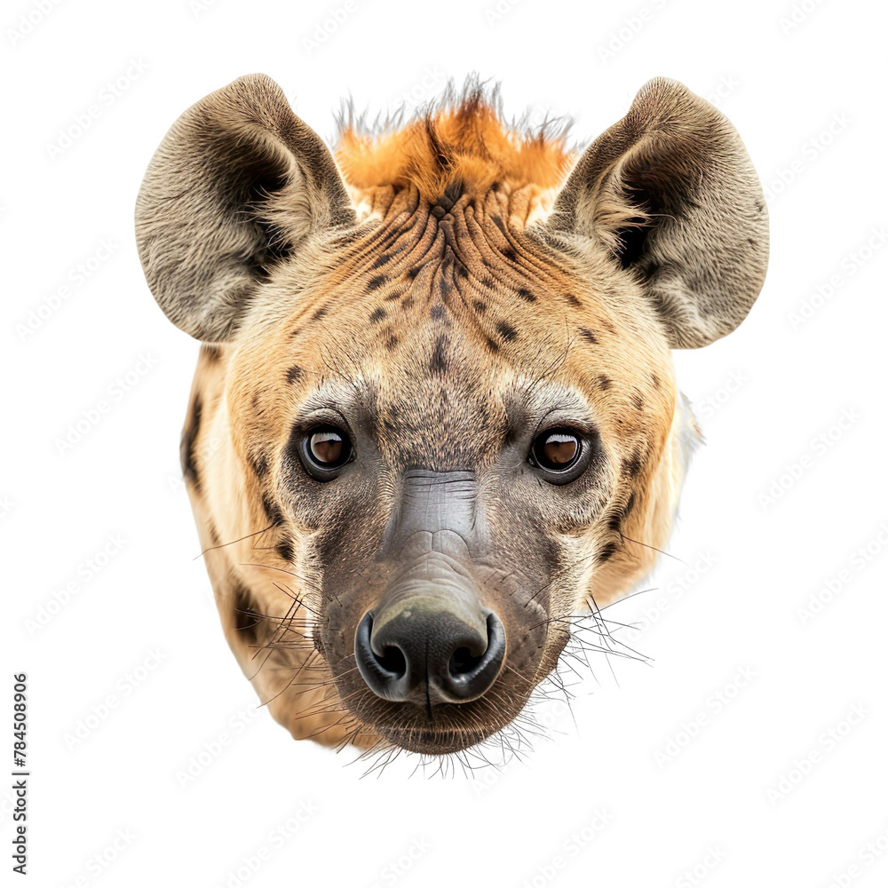 Extreme front view of realistic hyena head which is mounted on a wall ...