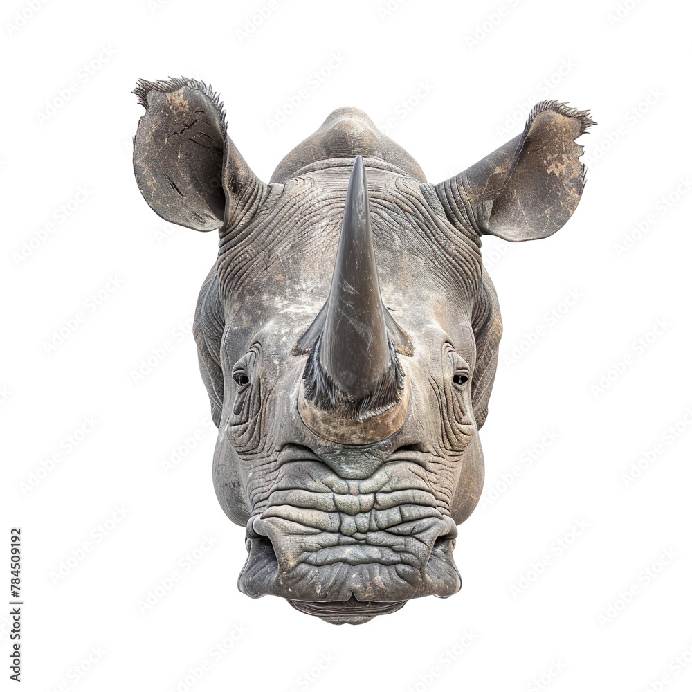 Extreme front view of realistic rhinoceros head which is mounted on a ...