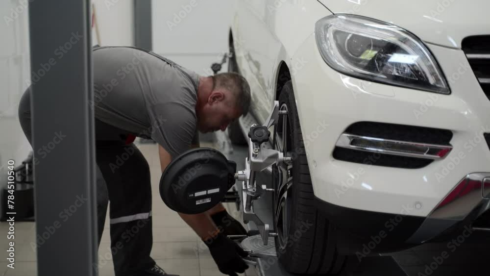 Auto mechanic performs wheel alignment on car in service garage ...
