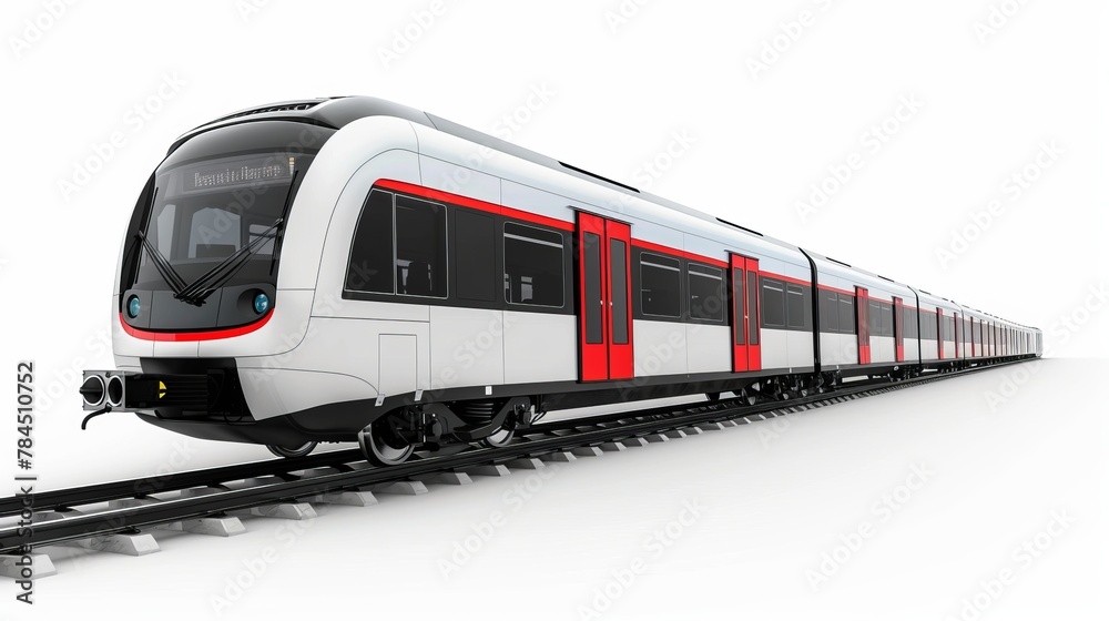 A city electric train composed of long train wagons is isolated on a ...