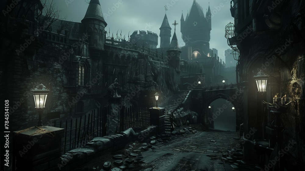 Fantasy scene of dark evil castle and palace courtyard with shining ...