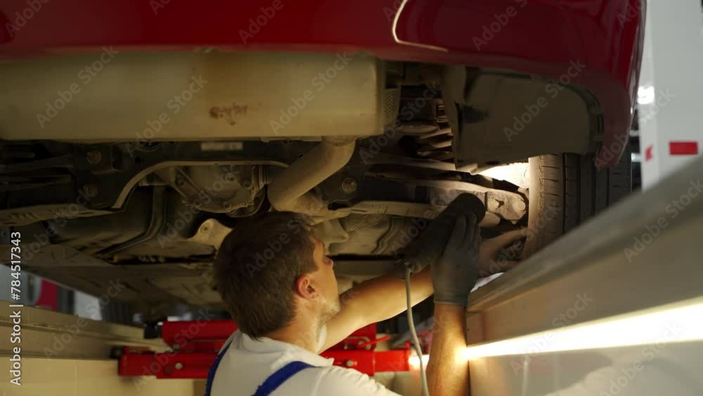 Auto mechanic inspects suspension, steering on car lift. Professional ...