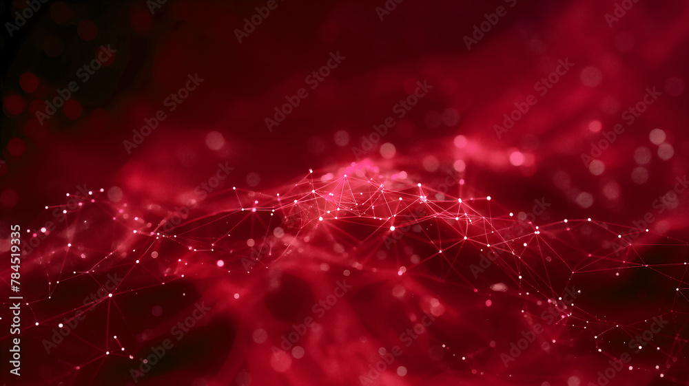 Red abstract background with a connected network grid and particles ...