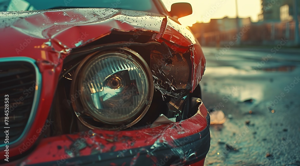 Closeup of the front end of a red car after an accident with visible ...