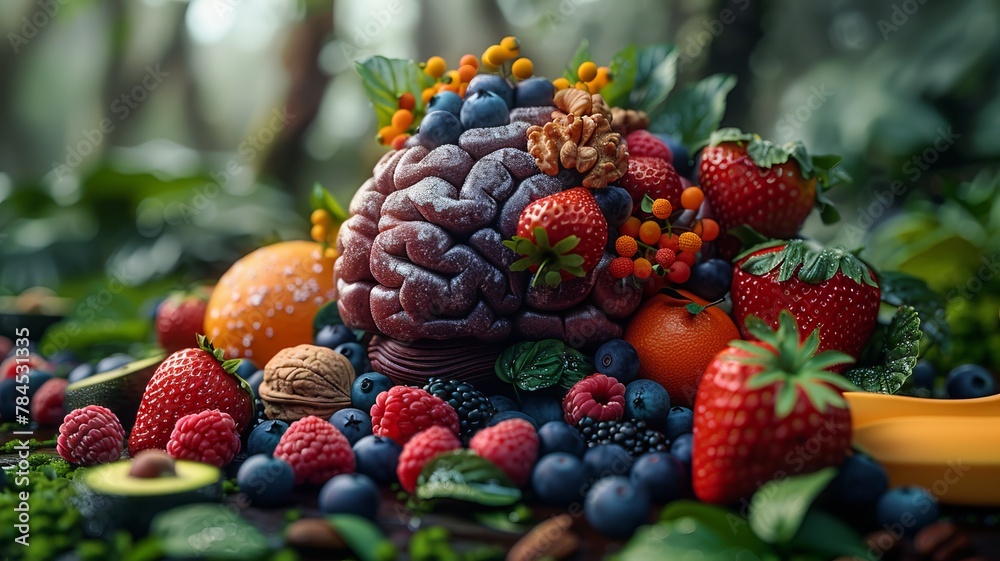 A rich tapestry of fruits encircles a brain, portraying the symbiosis ...