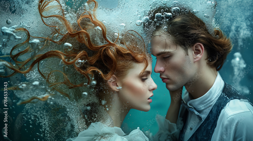 Romantic couple embraces underwater, their forms and flowing hair ...
