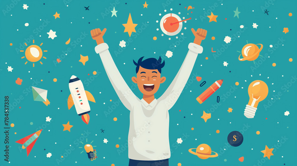 the boy raised his hands and rejoices at the realization of his ideas ...