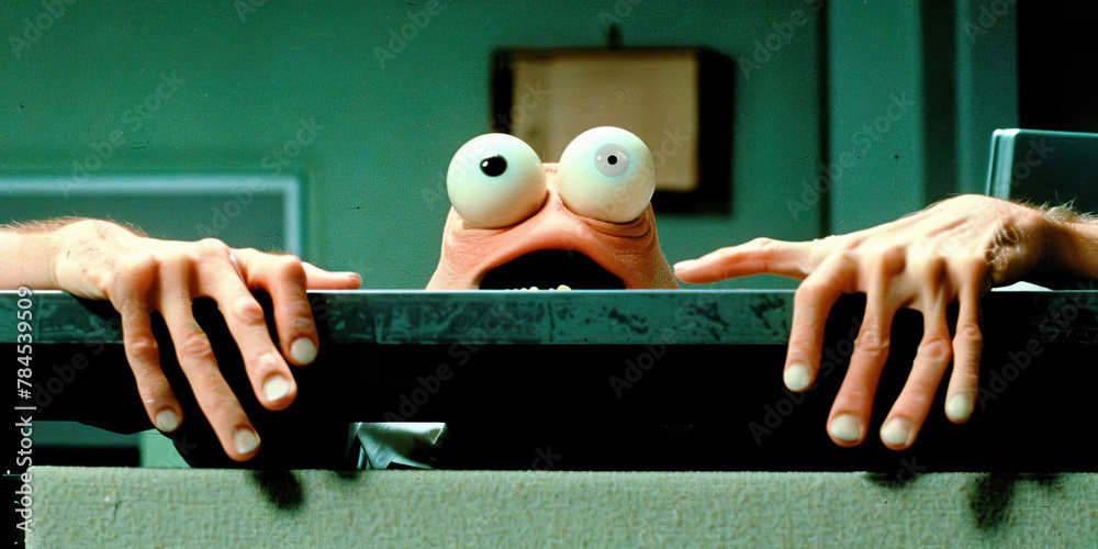 Cubicle Horror: Hands gripping the edge of a desk, eyes wide with ...