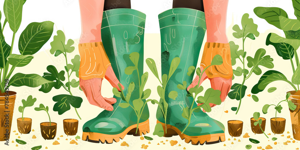 Feet in gardening boots, hands planting seeds, nurturing plants with ...