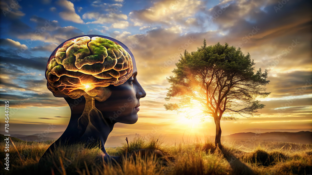 The surreal scene depicts a human profile, with an exposed, vibrating ...