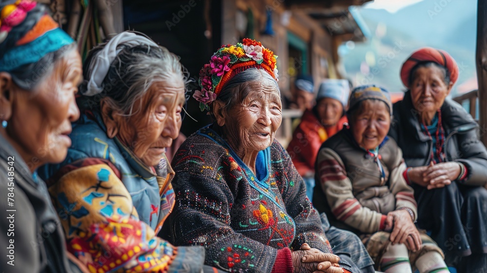 Rural village and people local, locals in traditional dress walk along ...