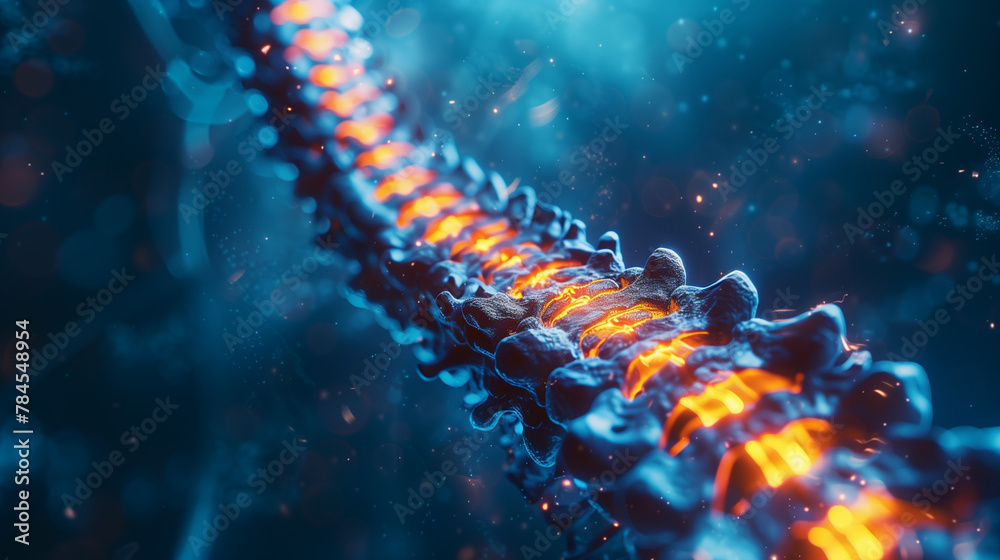 Human spine in x-ray on blue background. The neck spine is highlighted ...