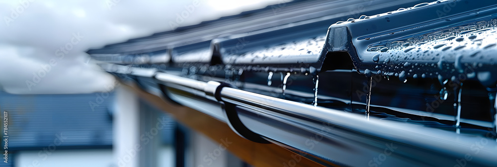 Modern Roof Gutter System on a Rainy Day. Concept Rainy Weather, Home ...