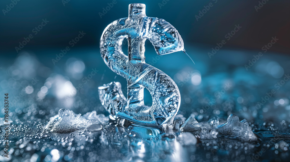 An icy dollar sign amidst frost and melting ice crystals captures the ...