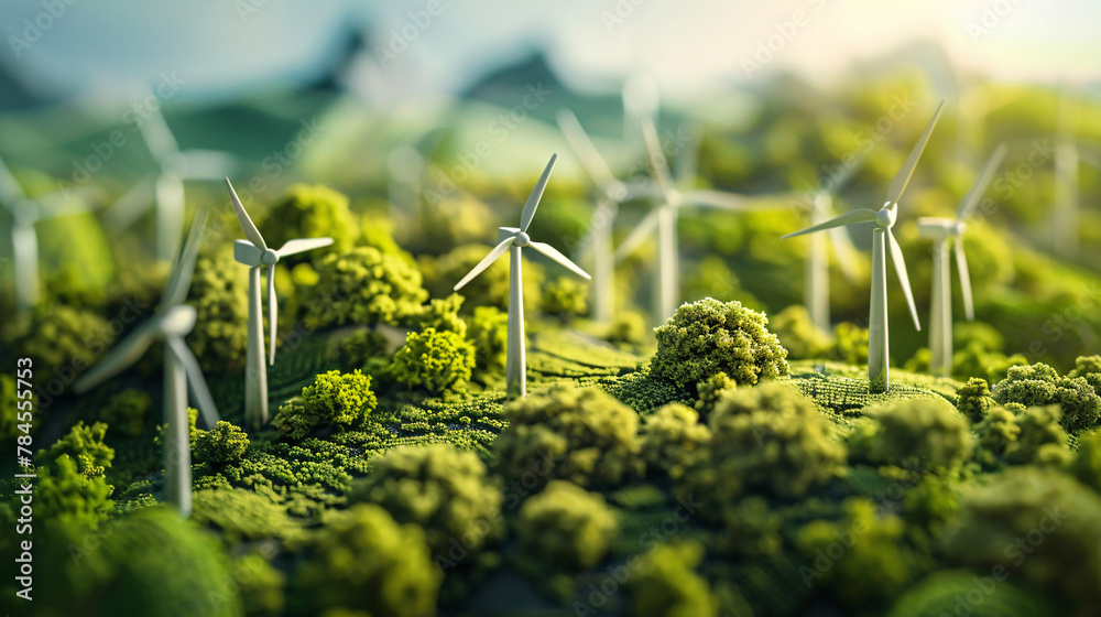Miniaturized of wind park. Wind turbines farm on lush landscape. Wind ...