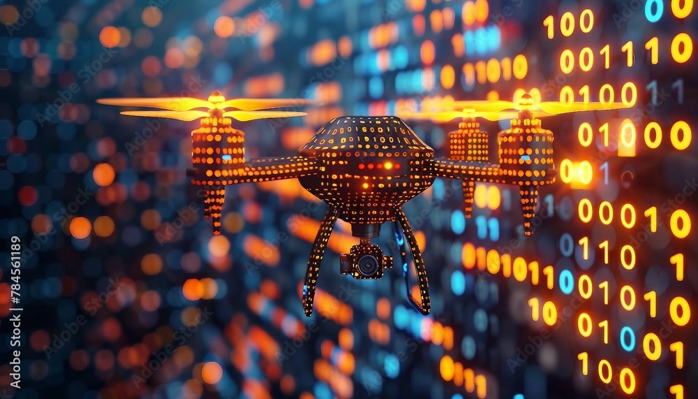 smart digital yellow drone with camera , binary code ai in aerial ...