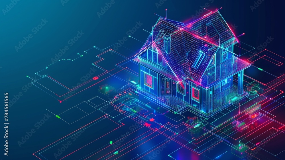 Smart home security system. 3D house plan x-ray. Locking and unlocking ...