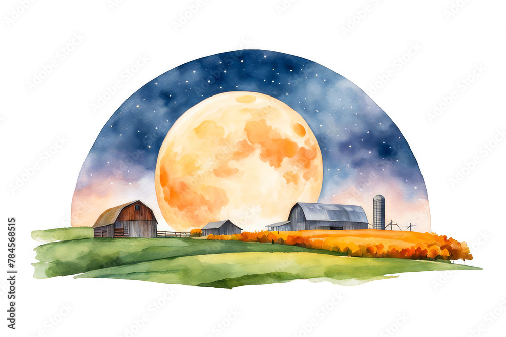 Night sky with glowing harvest moon shining down on country side field ...