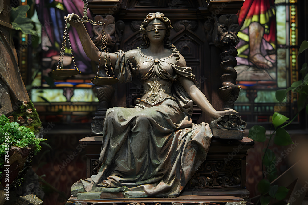 In the realm of law, a statue of Lady Justice embodies judicial symbols ...