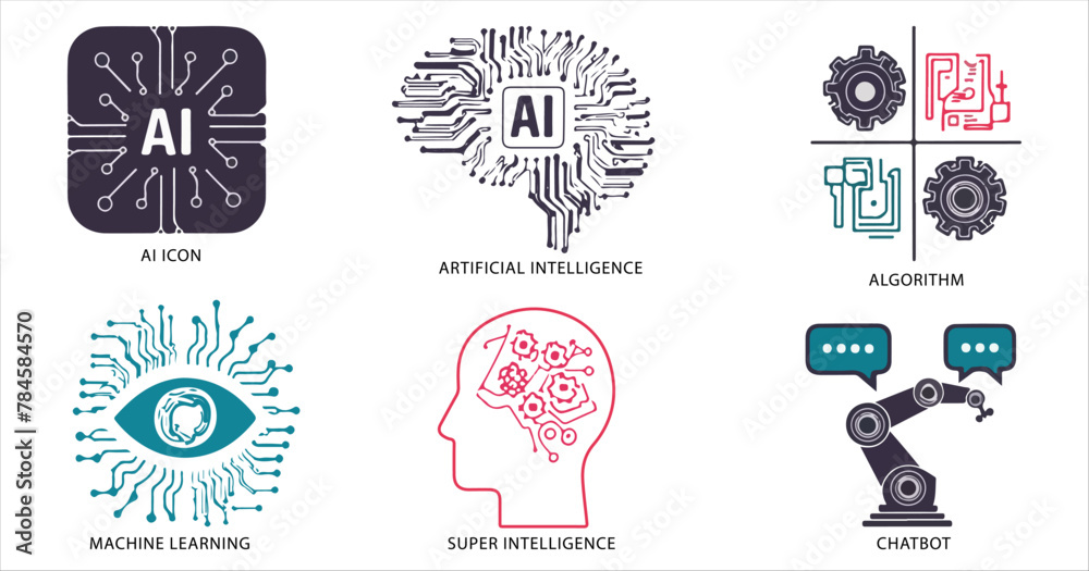 Artificial intelligence icon set. Containing machine learning, data ...