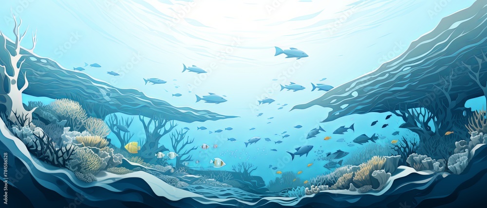 Minimalist paper-cut illustration of a barracuda swarm in coral reefs ...