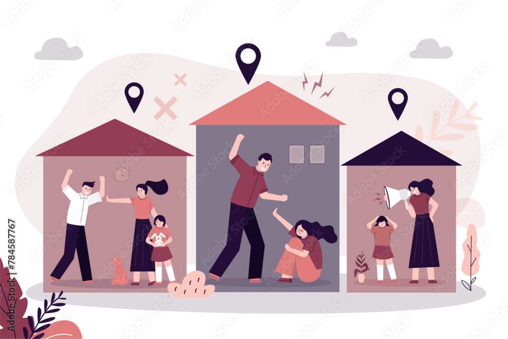 Various house buildings with angry people having fight. Domestic ...