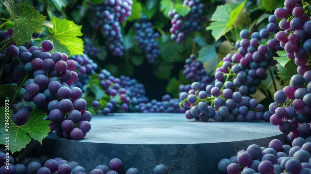Thick bushes of ripe grapes hang over an empty podium. An empty ...
