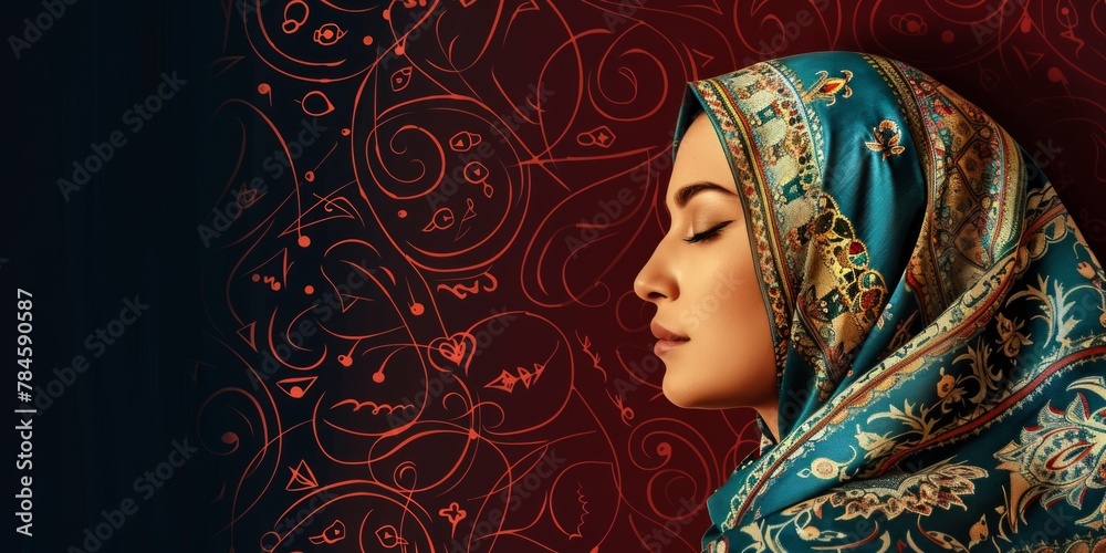 beautiful arabic person on a dark red background with arabic pattern ...