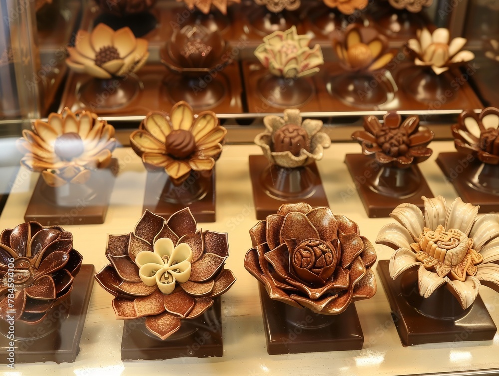 An artisanal chocolate shop display, featuring an array of chocolate ...