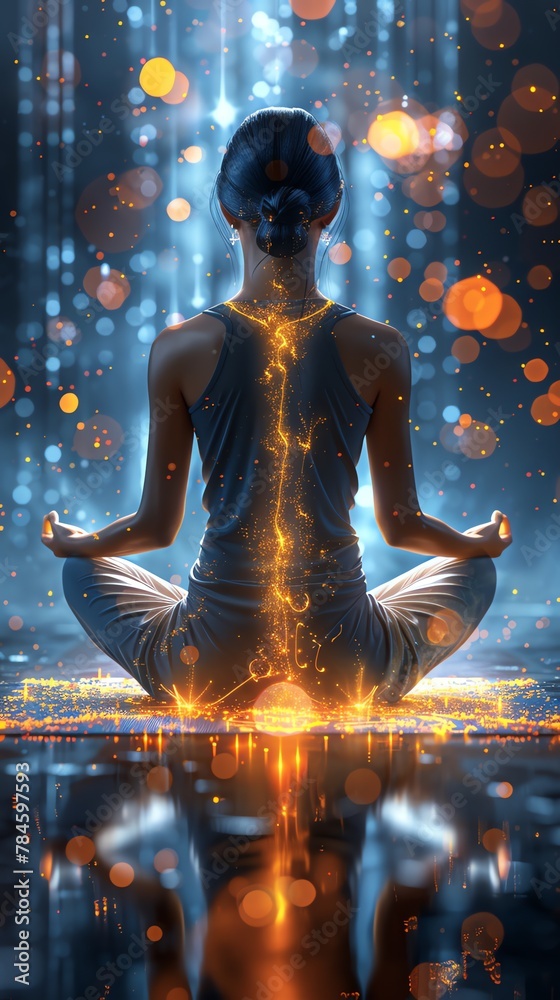 Craft a pixel art portrayal of a woman meditating in a lotus pose on a ...