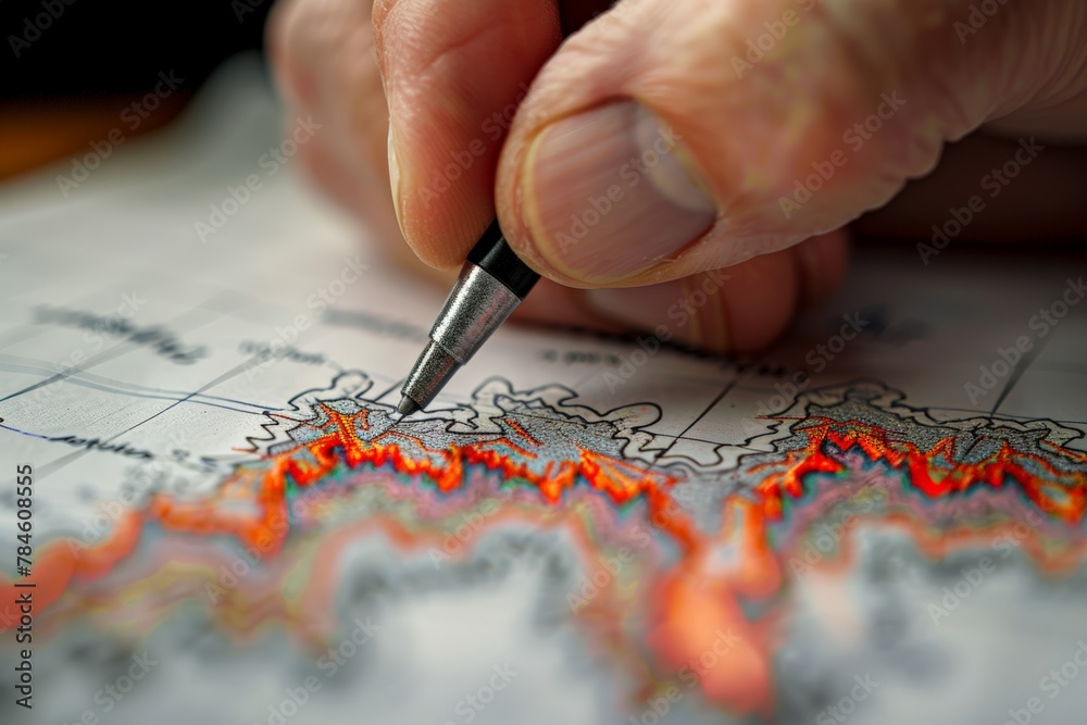 Hand tracing the outline of a recession graph, Close-up of fingers ...
