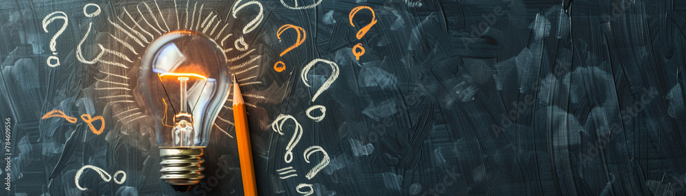 A bright light bulb over a pencil and a series of questions ...