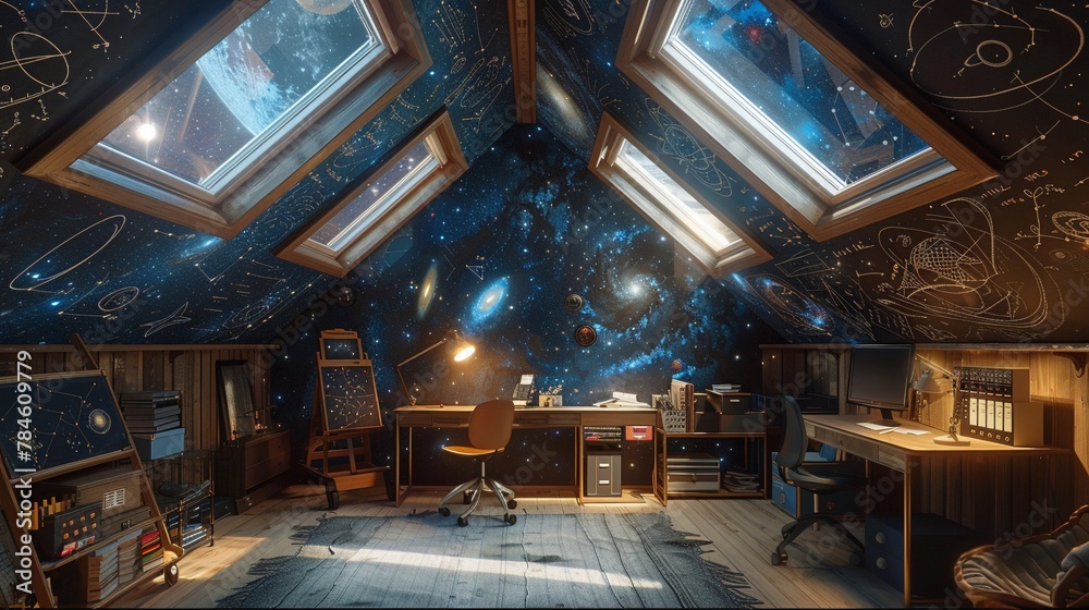 A dreamy attic study with skylights showing the night sky, filled with ...