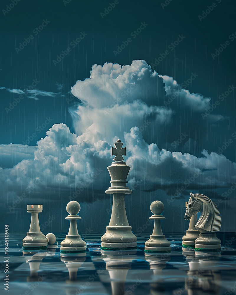A chess piece standing under a looming raincloud, other pieces toppled ...