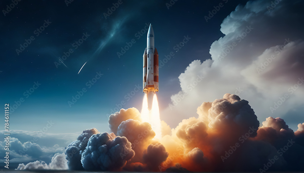 A military missile launch or rocket breakthrough the clouds in the sky ...