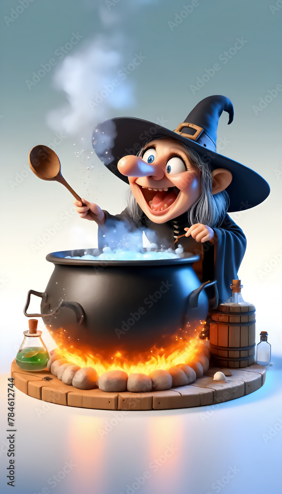 Whimsical Witch 3D Caricature Brewing Potion with Joyful Expression ...