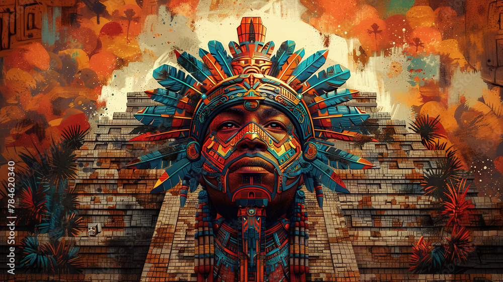 illustration of giant face of ancient mayan warrior at ancestral ...