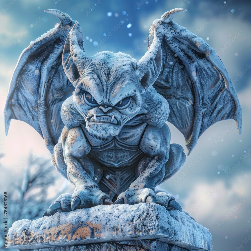 A cartoon 3D frost-covered gargoyle statue with an animated expression ...